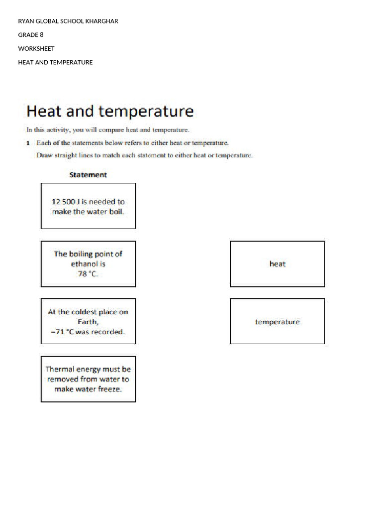 Ryan Global School Kharghar Grade 8 Worksheet Heat and Temperature | PDF