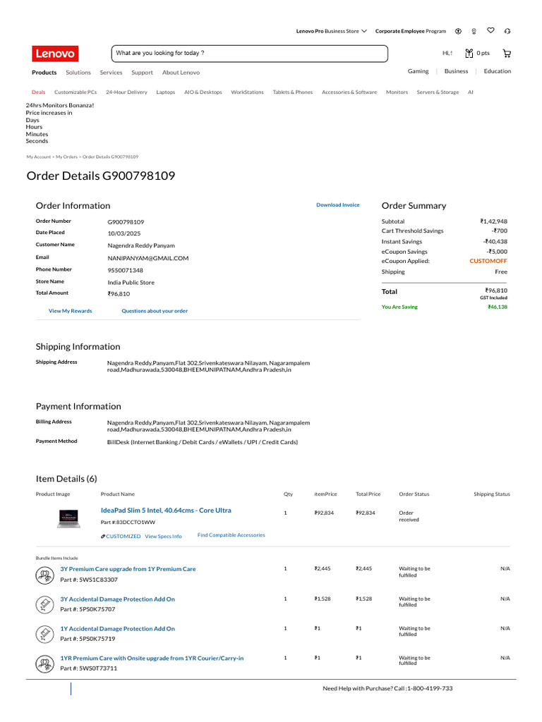 Lenovo Order Confirmation Details | PDF | Lenovo | Personal Computers