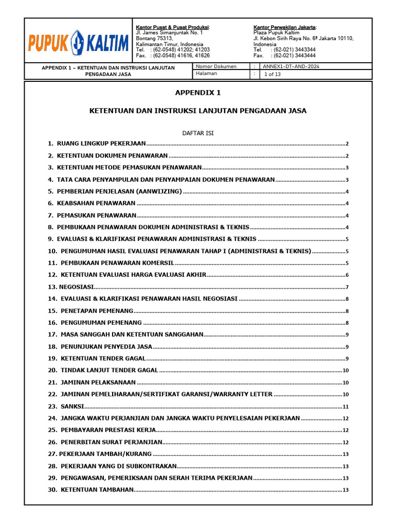 189 Appendix 1 - Ketentuan Lanjutan Dan Instruksi Pelaksanaan Tender | PDF