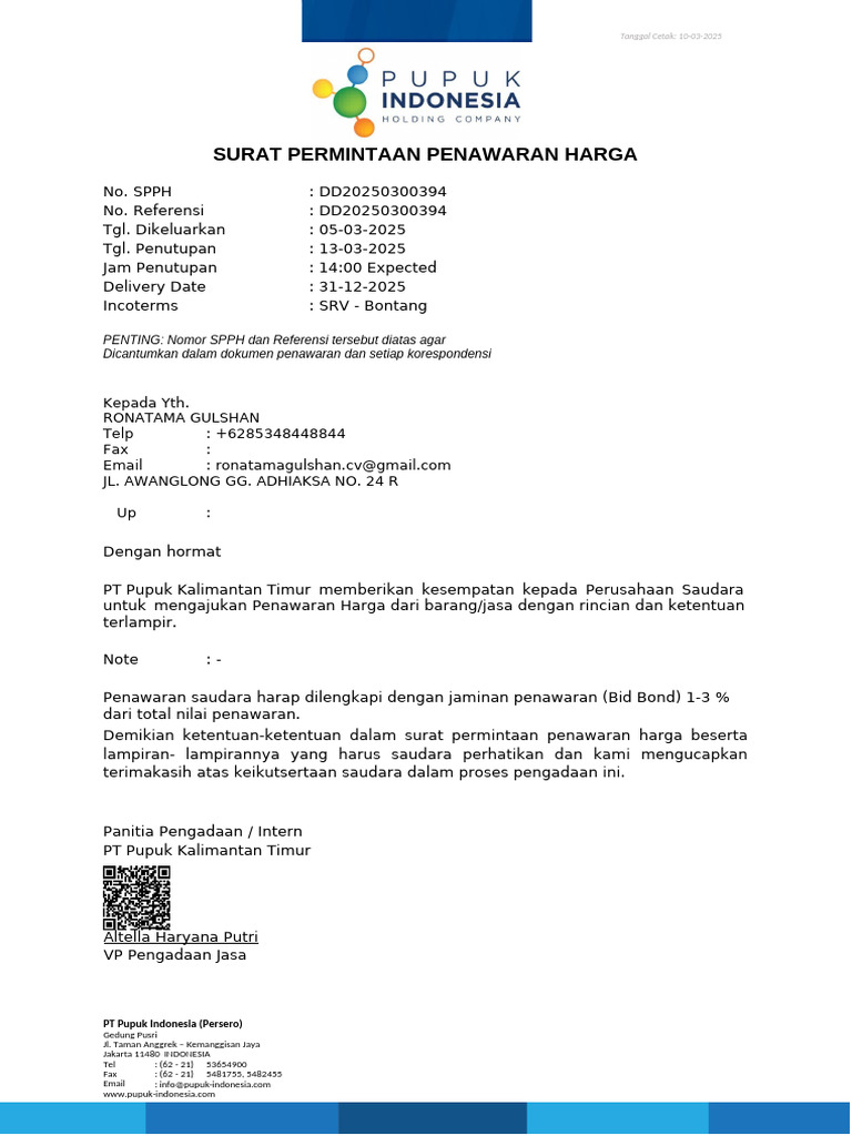 Surat Permintaan Penawaran Harga | PDF