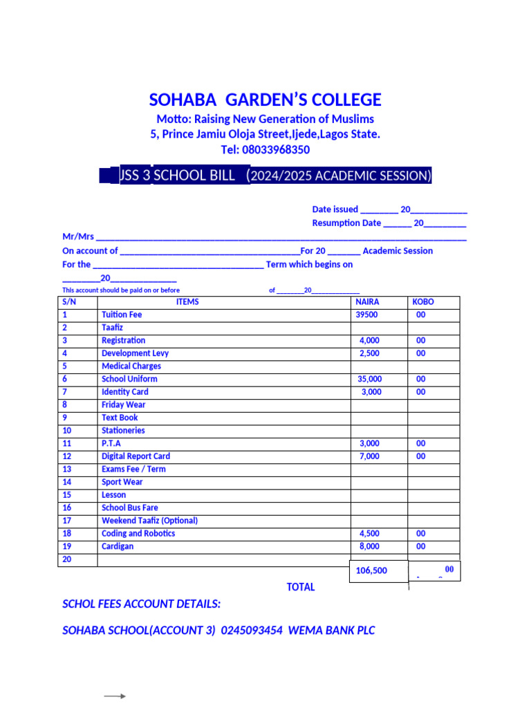 JSS 3 School Fees Structure 2024/2025 | PDF