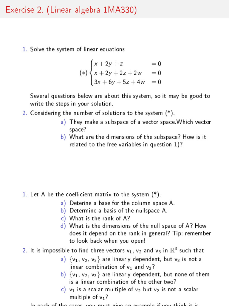 Linear-aIgebra1MA330_Exercise 2 | PDF | Linear Map | Linear Subspace