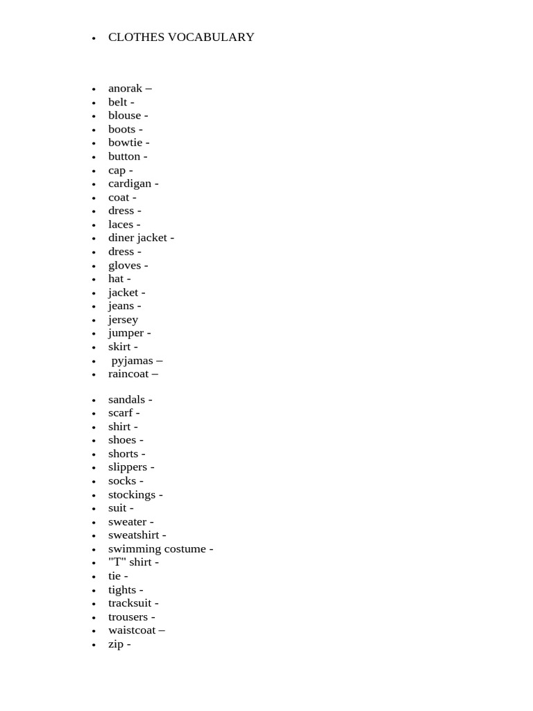 Clothes Vocabulary | PDF