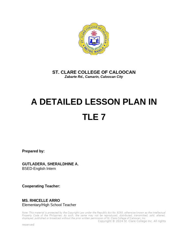 Detailed Lesson Plan in TLE 7 | PDF | Hazards | Risk