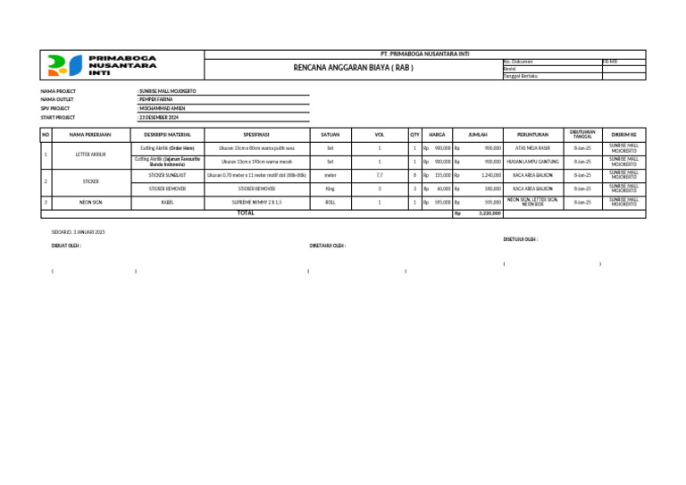 RAB Tambahan Sunrise Mall 1 | PDF