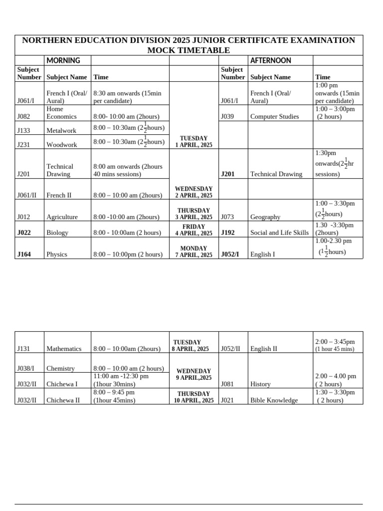 2025 Ned Jce Mock Time Table-2 | PDF | Educational Stages
