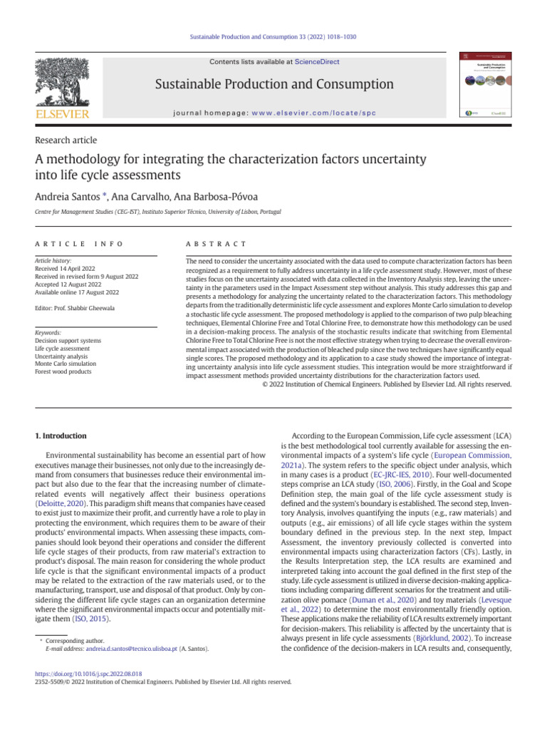 ANA CARVALHO A Methodology For Integrating The Characterization Factors Uncertainty Into Life ...