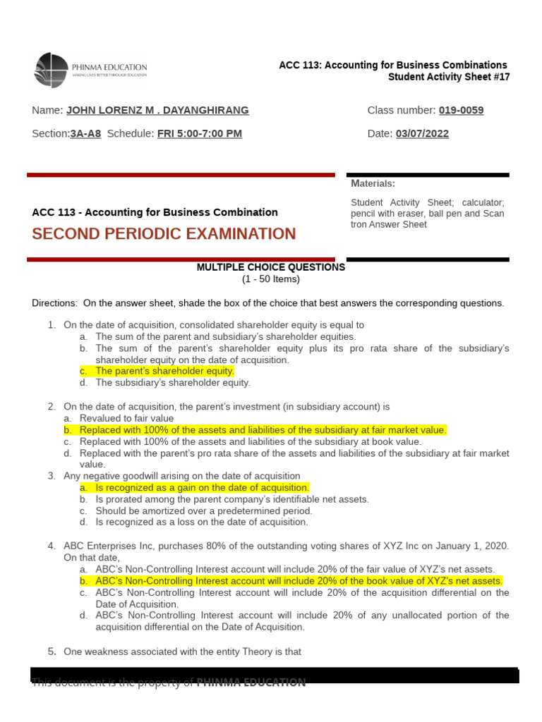 John Lorenz Mendoza Dayanghirang ACC 113 Second Periodic Exam Module 17 ...