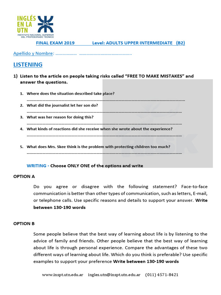 Adults Upper Intermediate Exam 2019 | PDF | Healthy Diet | Nutrition