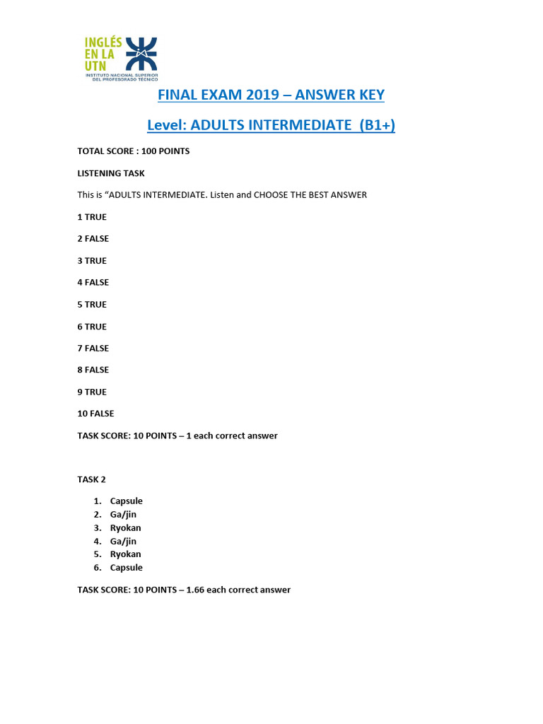 Adult Interm. Answer Key 2019 | PDF