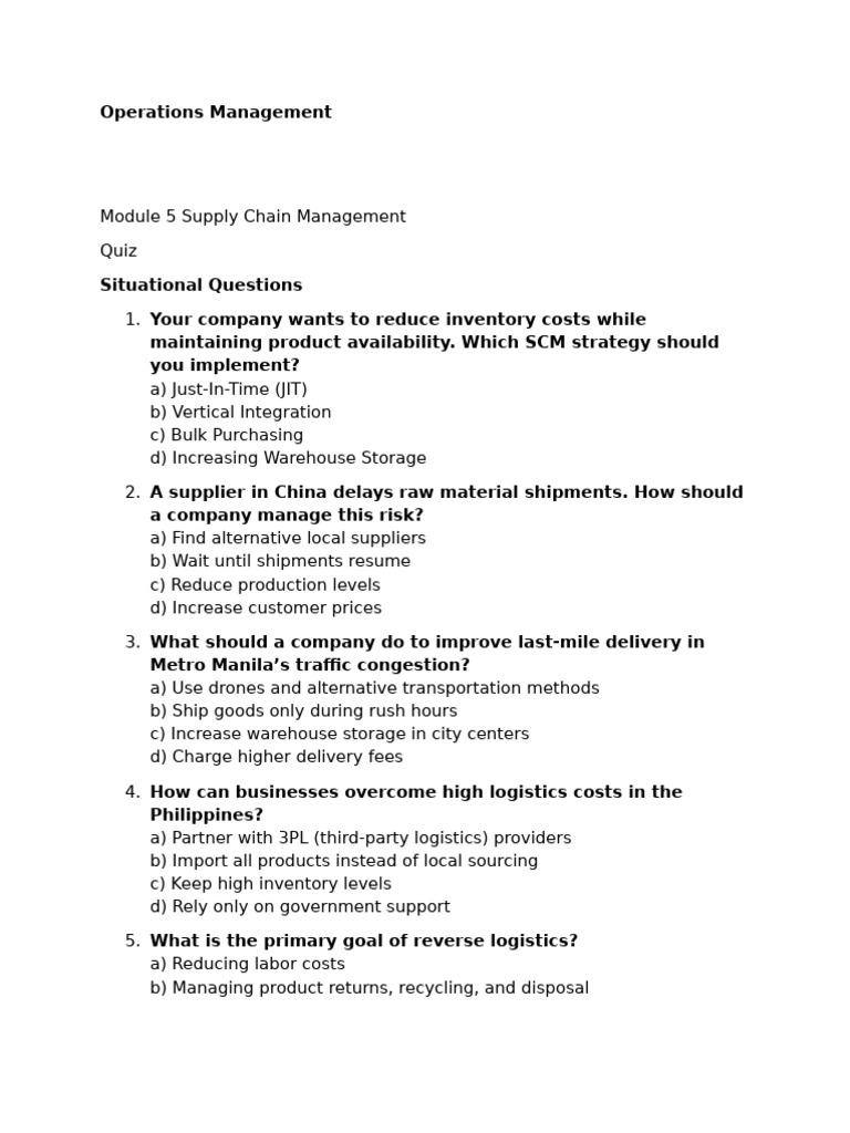 Operations Management Quizzes Midterm Module 1-6 | PDF | Inventory | Lean Manufacturing
