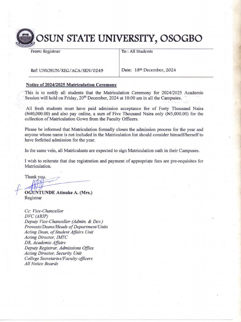Notice of 2024-2025 Matriculation Ceremony | PDF