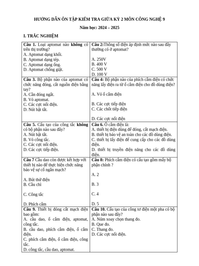 HƯỚNG DẪN ÔN TẬP KTGK 2 MÔN CÔNG NGHỆ 9 | PDF