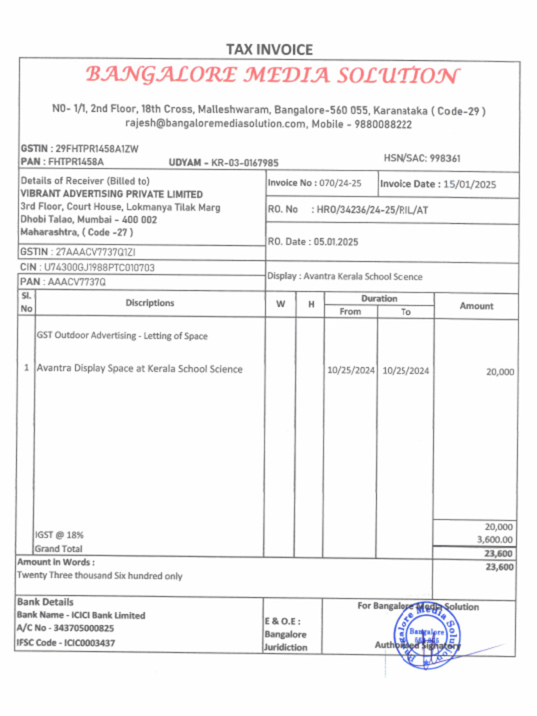 Bill No - 070 For RO 34236-Avantra-Kerala | PDF