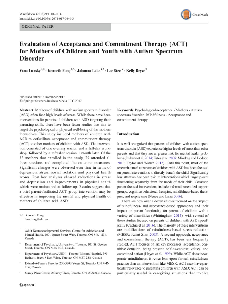 Evaluation of Acceptance and Commitment Therapy (ACT) For Mothers of Children and Youth With ...