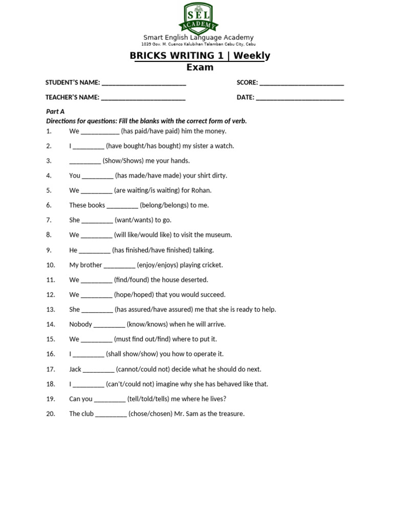 Bricks Writing 1 Weekly Test Unit 4 | PDF | Languages | Foreign ...