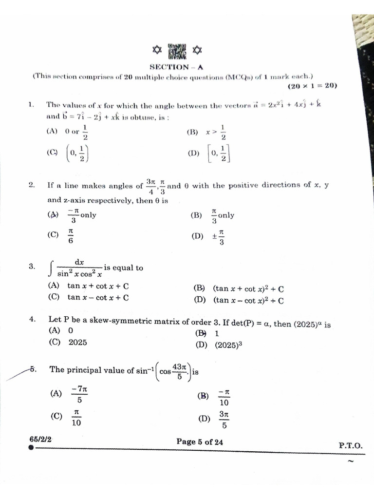 Cbse Class 12 Mathematics Board Exam Question Paper 2024-25 | PDF
