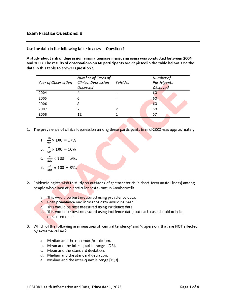 Exam Practice Questions B | PDF | Sampling (Statistics) | Descriptive ...