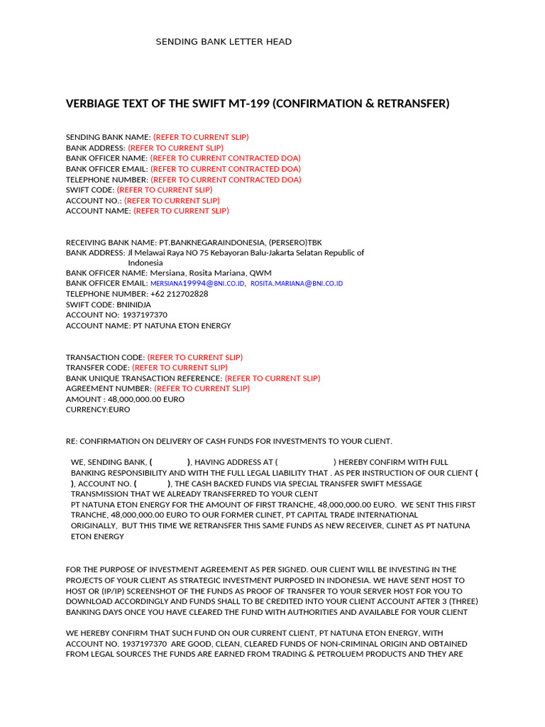 Verbiage Text of the Swift MT199 to change beneficiary as pt natuna ...