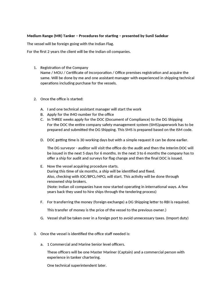 MR Tanker Company Setup Procedures | PDF