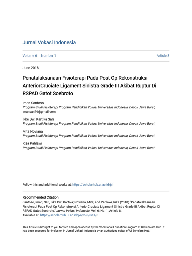 Penatalaksanaan Fisioterapi Pada Post Op Rekonstruksi AnteriorCru | PDF