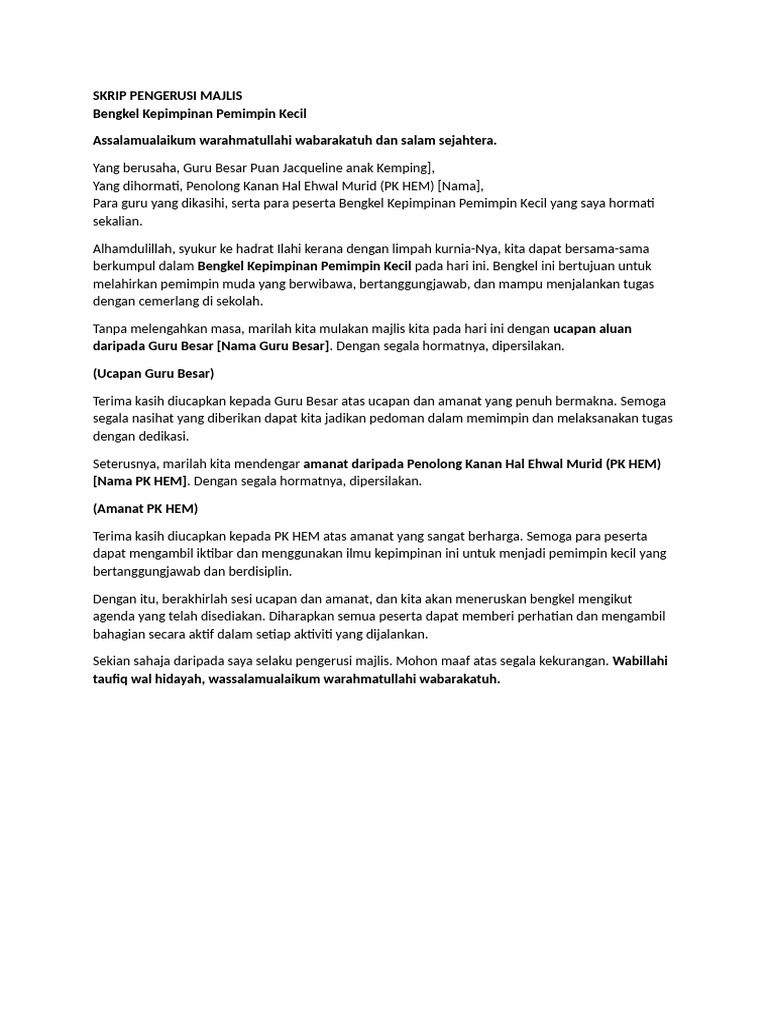 Teks Pengerusi Majlis Kem Kepimpinan Pengawas | PDF