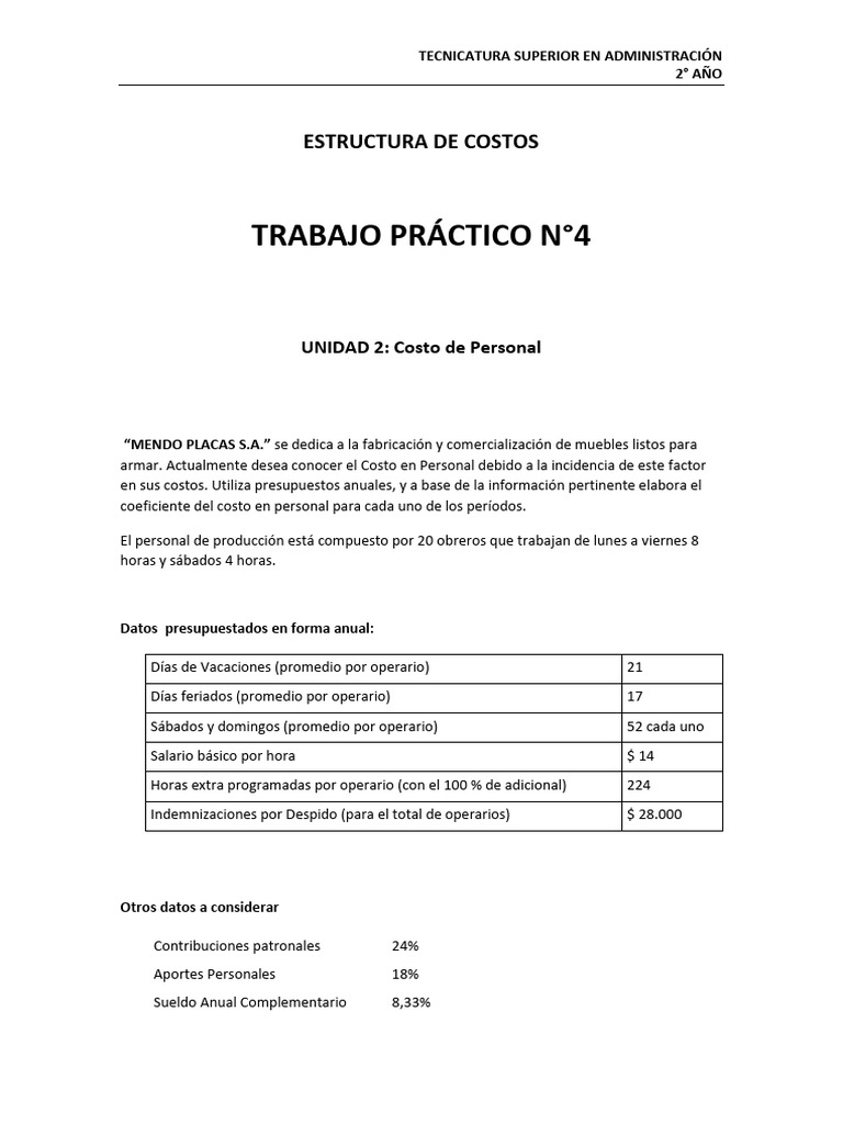 TP N4 -Costo de Personal | PDF | Salario | Tiempo extraordinario