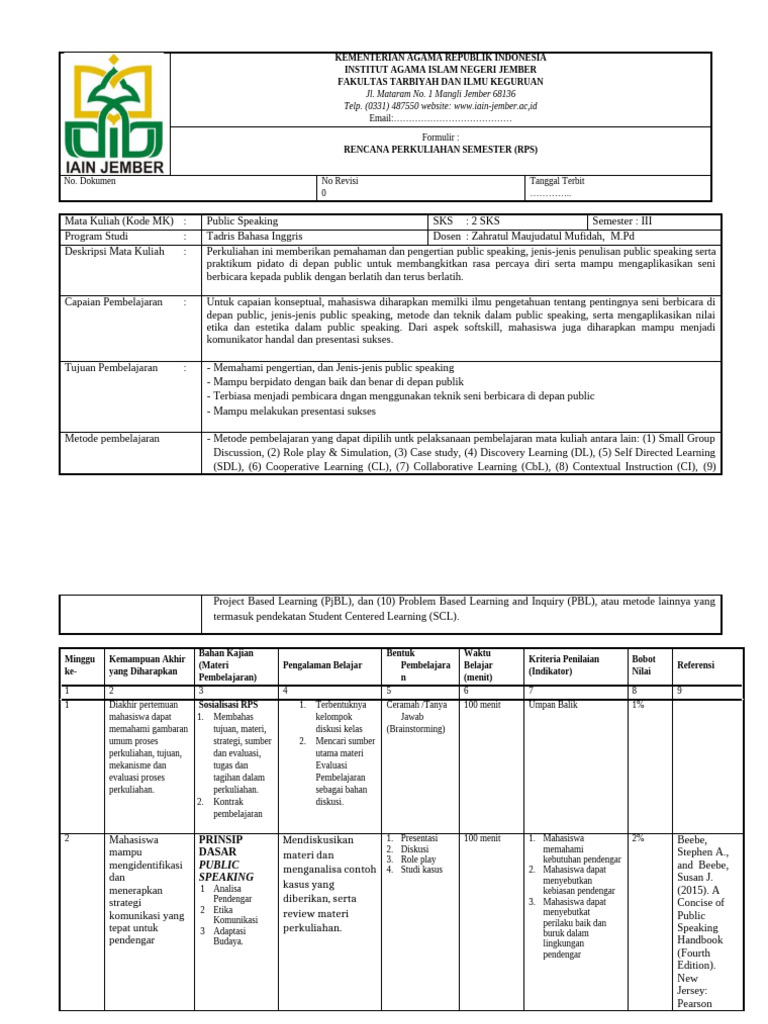Rencana Perkuliahan Public Speaking | PDF