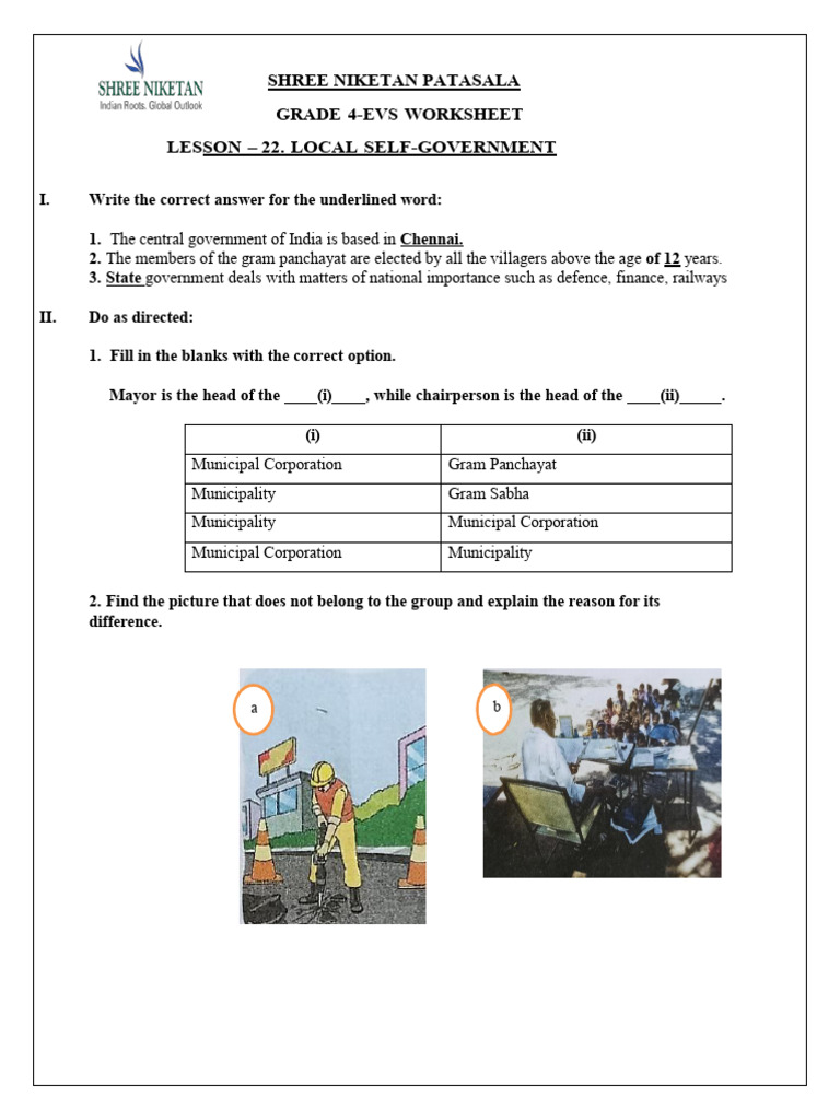 Grade 4 EVS Local Self-Government Worksheet | PDF
