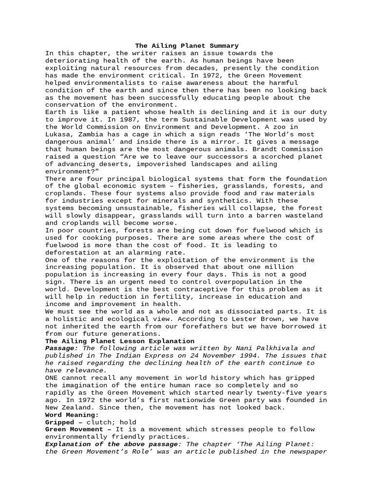 The Ailing Planet Summary | PDF | Sustainable Development | Natural ...