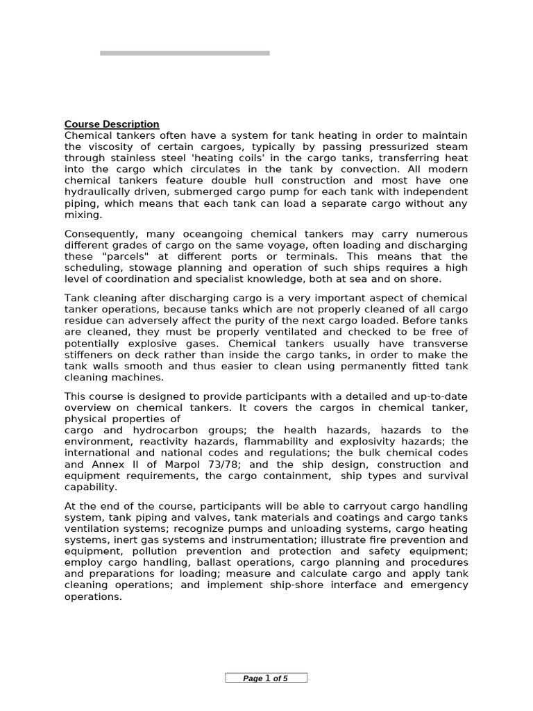 Chemical Tanker Operations Course Overview | PDF | Shipping