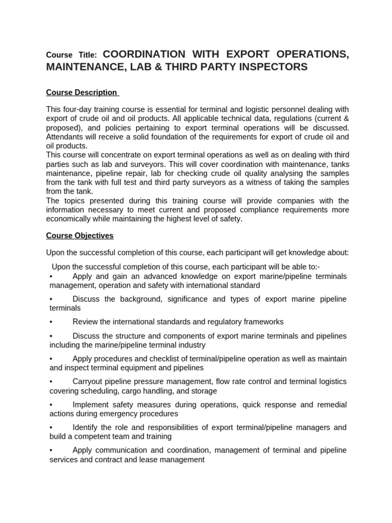 Coordination With Export Operations, Maintenance, Lab & Third Party ...