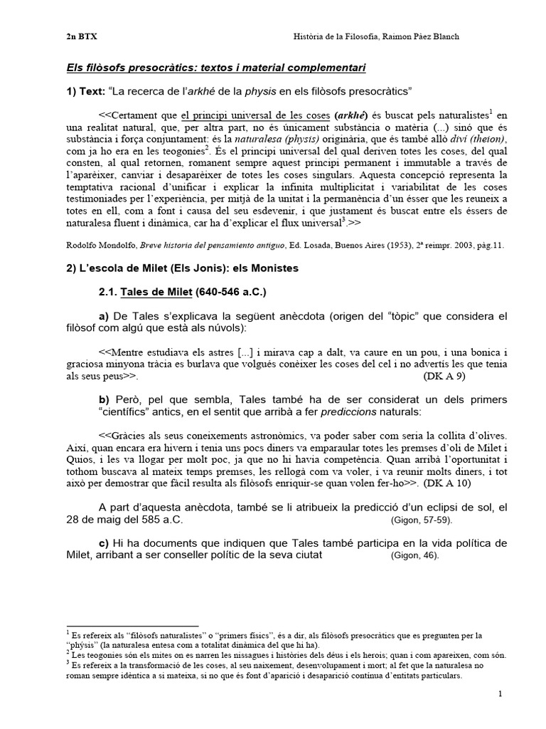 PRESOCRÀTICS 1 - Textos I Fragments - 2016 | PDF