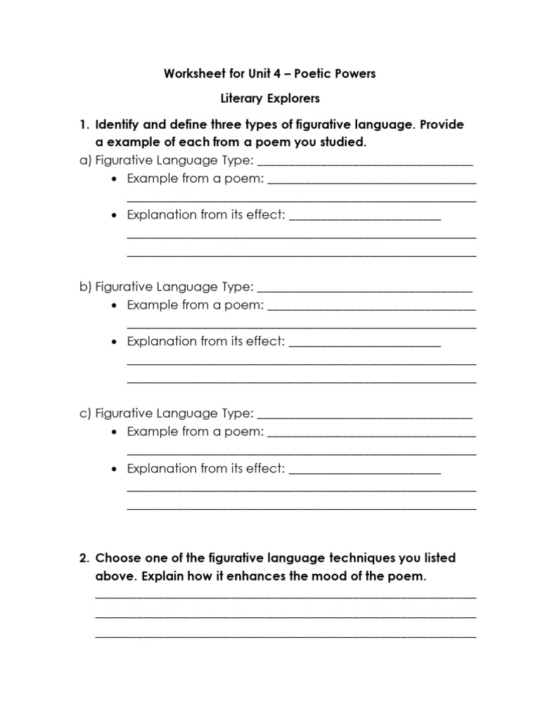 Worksheet for Unit 4 - Literary Explorers | PDF | Poetry | Human ...