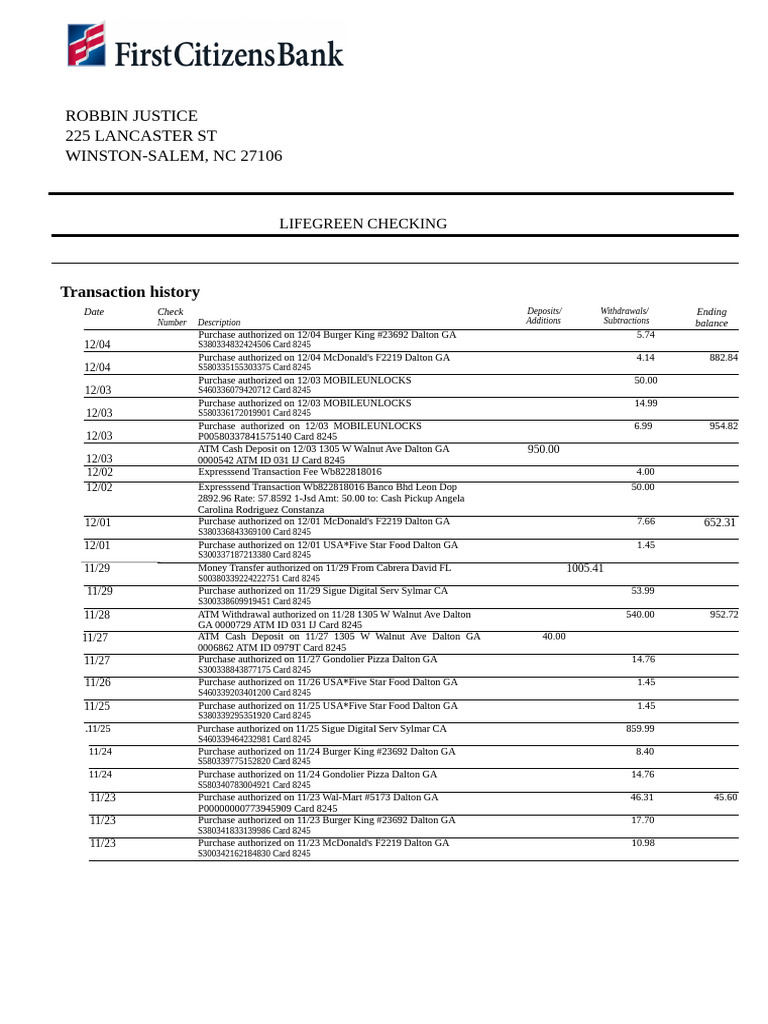 First Citizen Bank Statement | PDF | Transaction Account | Fee