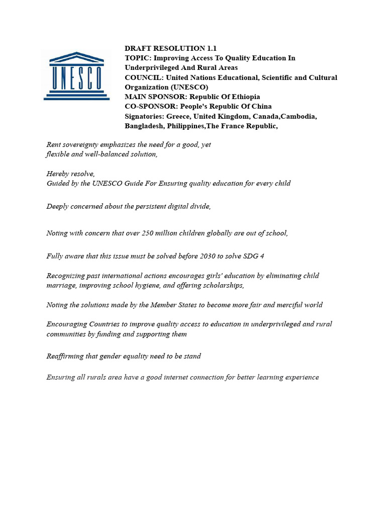 Draft Resolution 1.1 (UNESCO) | PDF | Teachers | Infrastructure