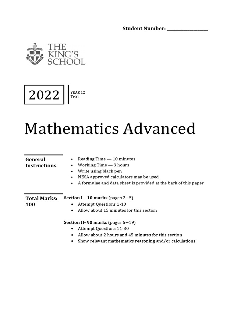 Kings 2022 Mathematics Advanced - Solutions | PDF | Mathematics
