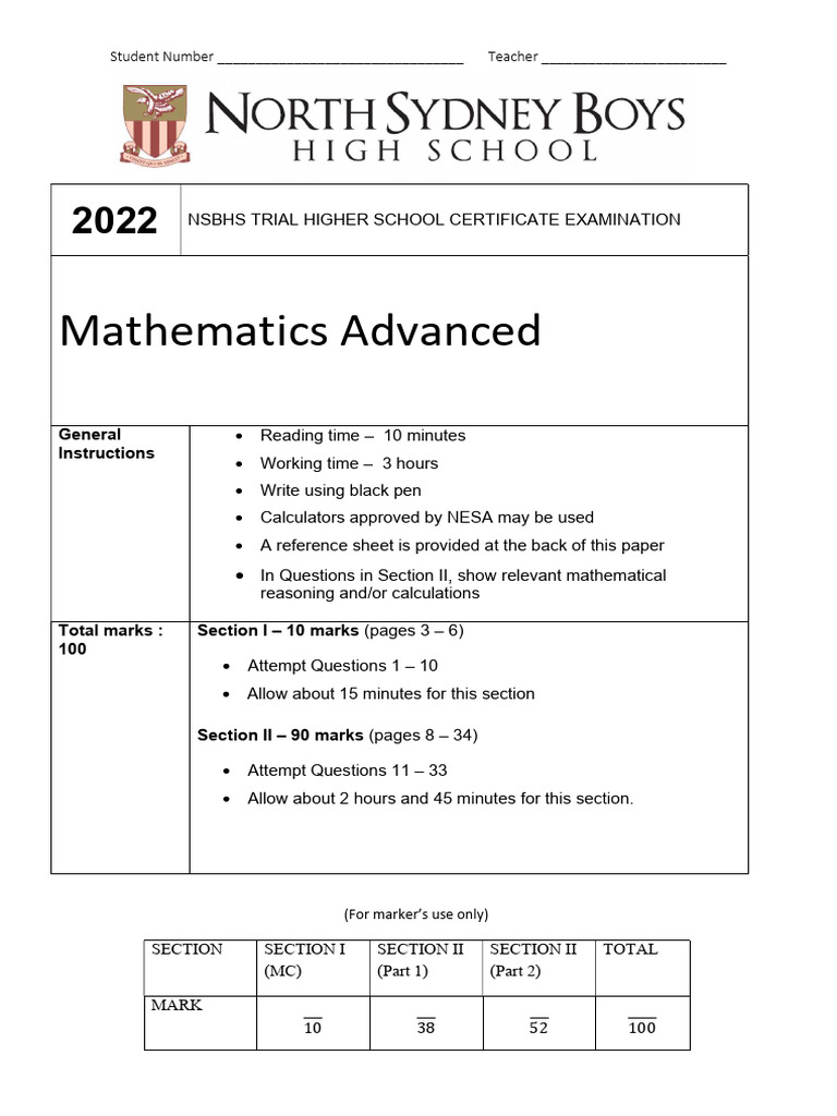 North Sydney Boys 2022 Mathematics Advanced - Solutions | PDF ...