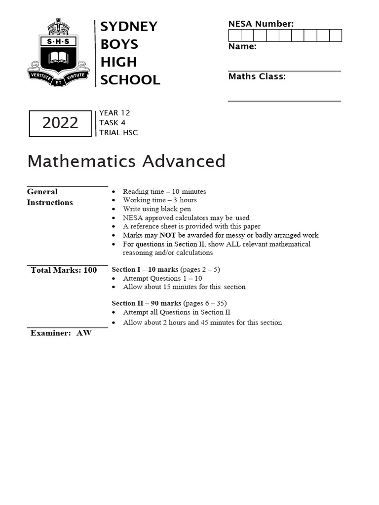 Sydney Boys 2022 Mathematics Advanced - Solutions | PDF | Mathematics