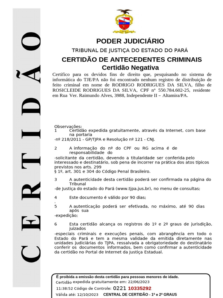 Certidão de Antecedentes Criminais Justiça Estadual | PDF
