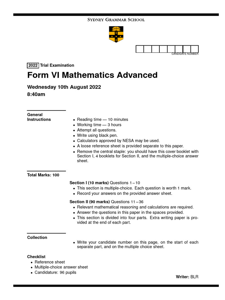 Sydney Grammar 2022 Mathematics Advanced - Solutions | PDF | Multiple Choice | Function ...
