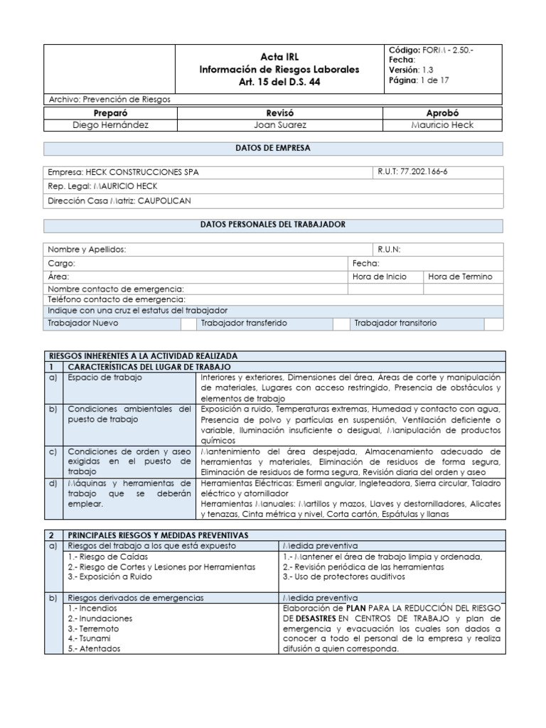 FORMATO IRL (ex ODI) Información de los Riesgos Laborales DS 44 V3 ...