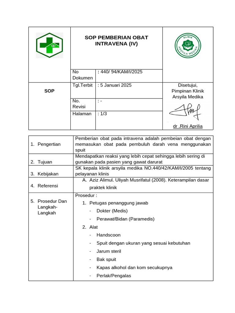 Sop Pemberian Obat Intravena | PDF