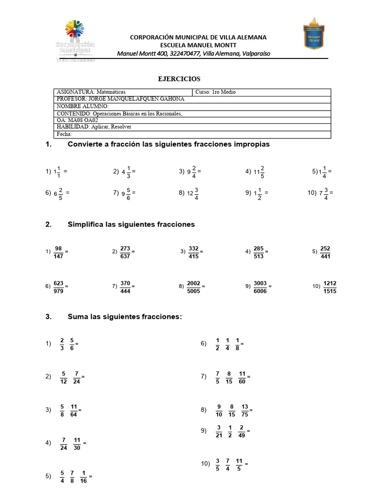 Guía #3 Operaciones en Racionales | PDF