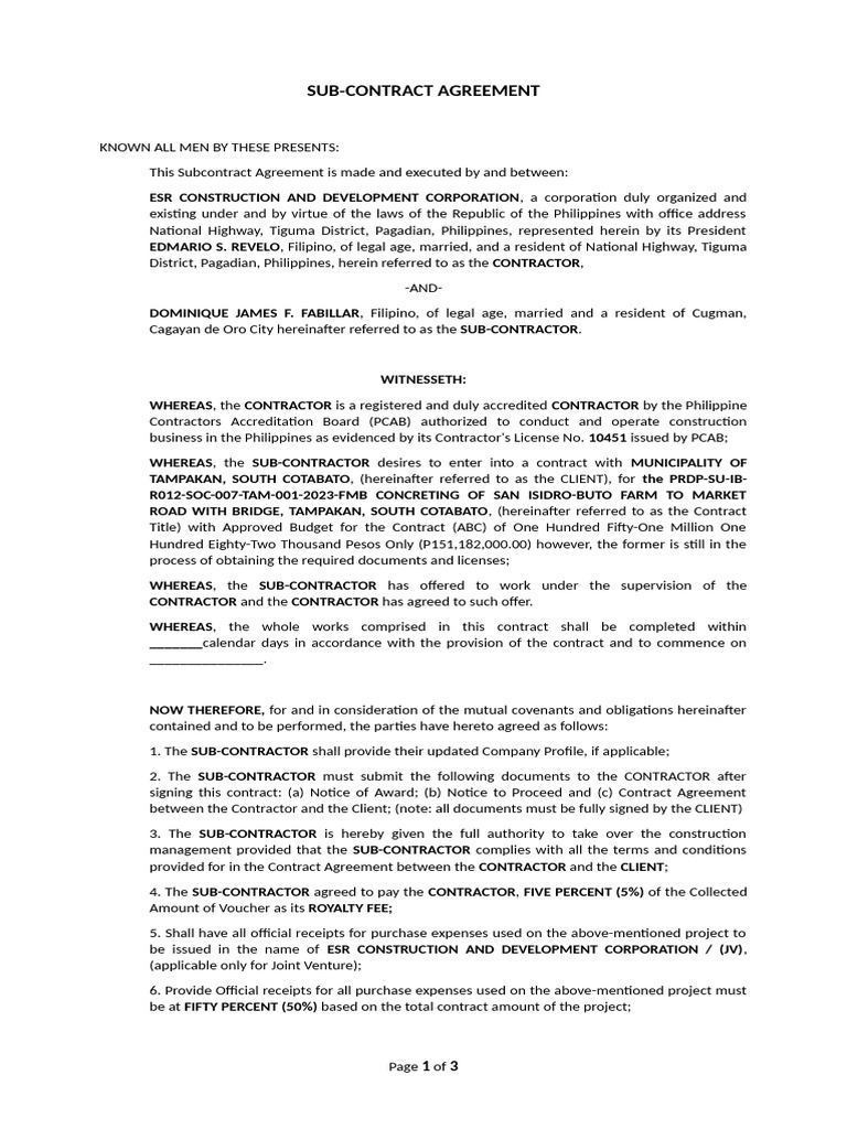 Subcontract Agreement for Road Project | PDF | Subcontractor | General ...
