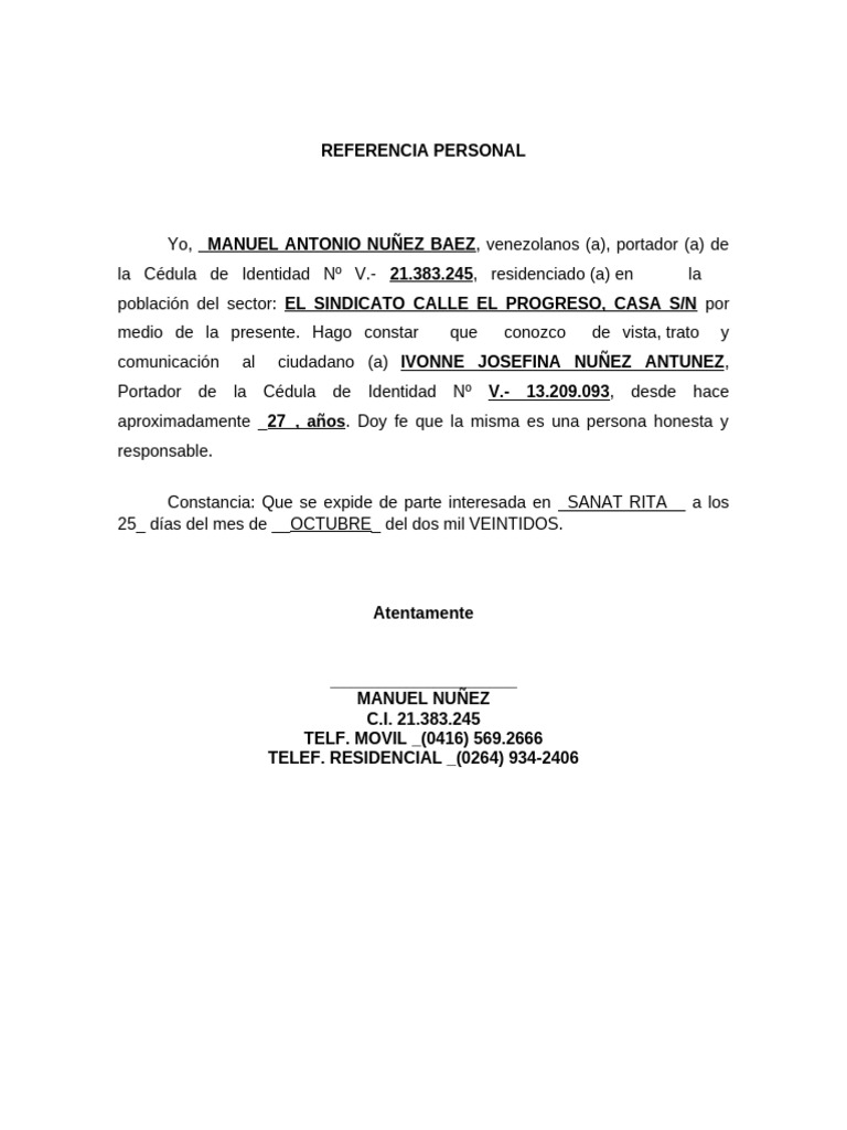 CARTA DE REFRENCIA PERSONAL | PDF