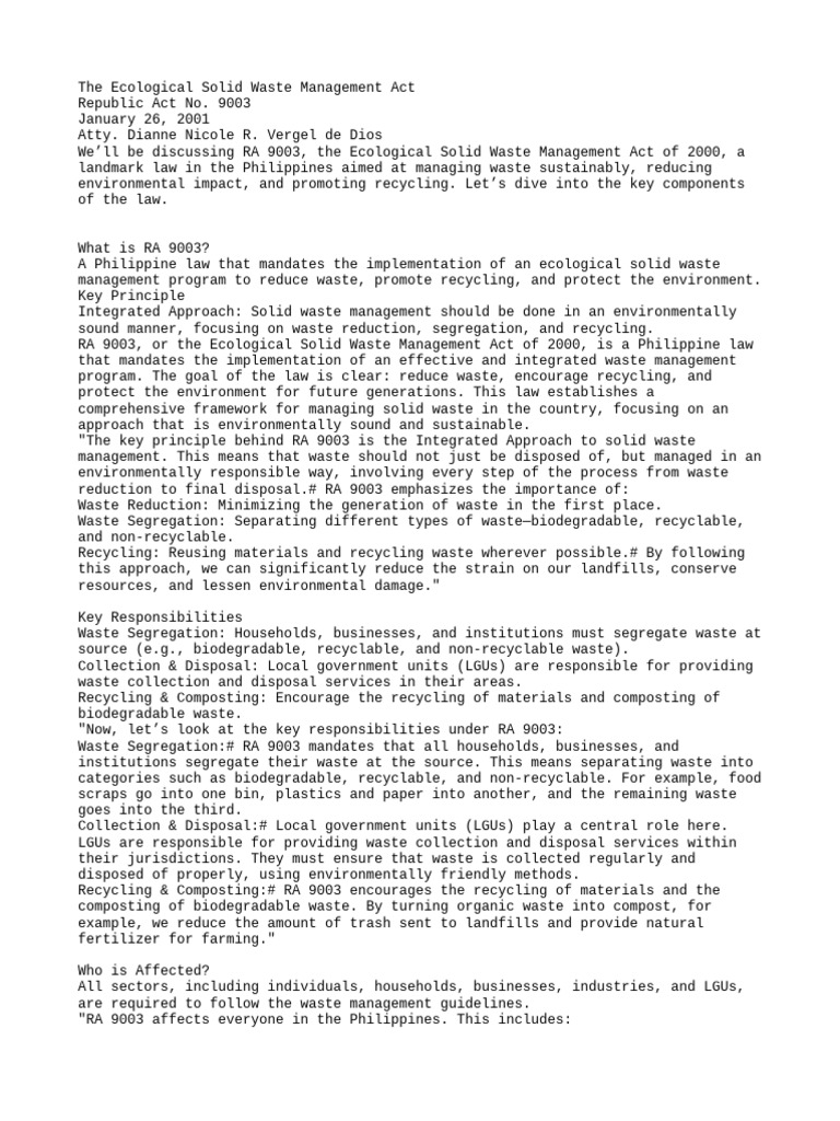 RA9003 | PDF | Waste Management | Waste