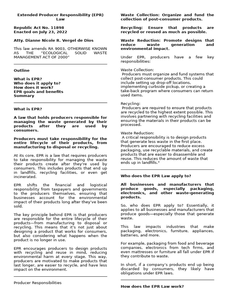 EPR Law Presentation Notes | PDF | Waste Management | Recycling