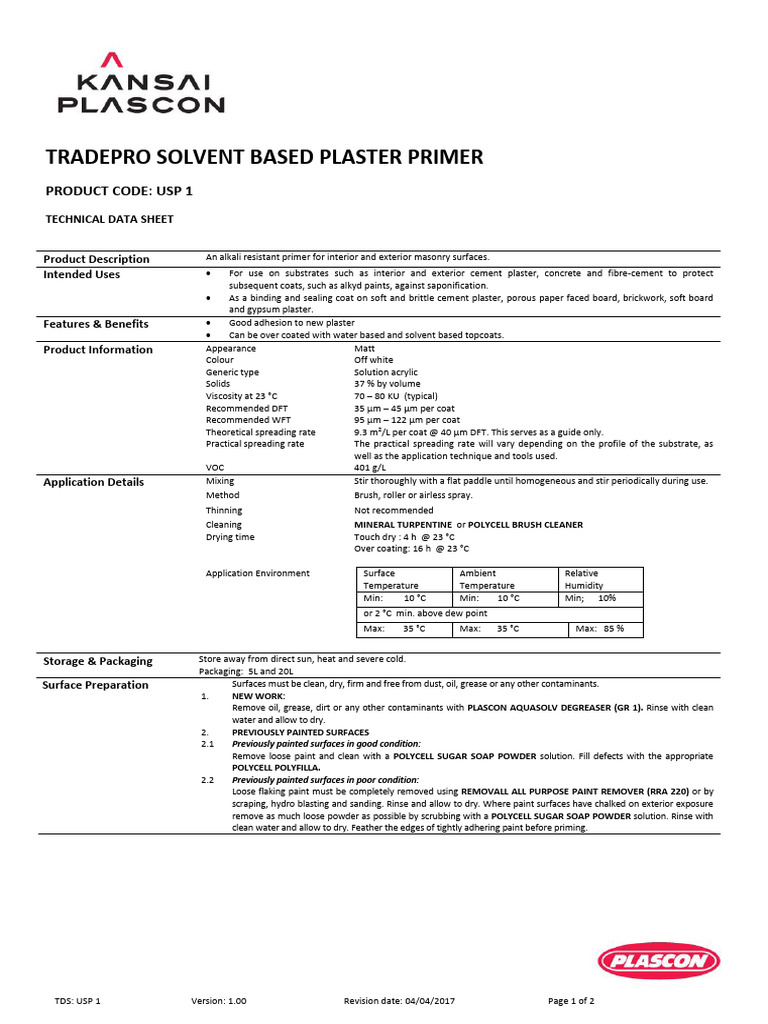 USP 1 TradePro SB Primer | PDF | Paint | Plaster