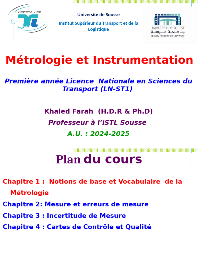 Chapitre 1 - Notions de Base Et Vocabulaire de La Métrologie - LN-ST1 - 2024-2025 | PDF ...